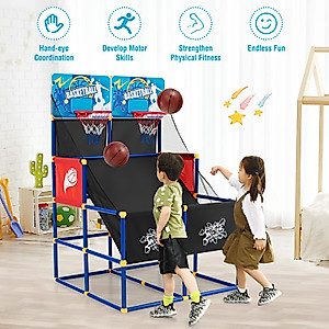 Goplus Kids Basketball Arcade Game, Dual Shot Basketball Game for 2 Players with 4 Balls & Inflation Pump, Indoor Outdoor Sport Play Birthday Gift Basketball Toy Set for Toddlers Children Teens Youth