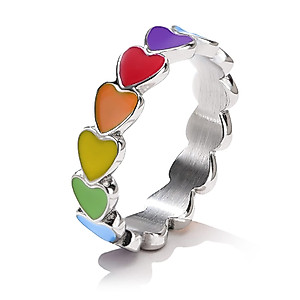 MPRAINBOW Enamel Heart LGBT Pride Ring 5mm Heart to Heart Rainbow Lesbian & Gay Rings, Stainless Steel Love Heart LGBTQ Pride Rings Jewelry
