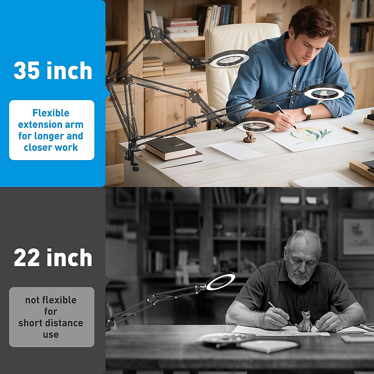 LED Magnifying Lamp with Clamp, 10X Real Glass Lens, 3 Color Modes and Stepless Dimmable Magnifier Desk Lamp,Adjustable Swivel Arm Lighted Magnifying Glass for Repair Craft Close Work-Black