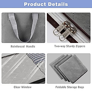Fixwal 8 Pack Large Clothes Blankets Storage Bags Foldable Organizer Storage Containers for Comforters, Bedding, Clothing, Fabric Closet Storage Bins with Sturdy Zipper Handle Clear Window, 90L Grey