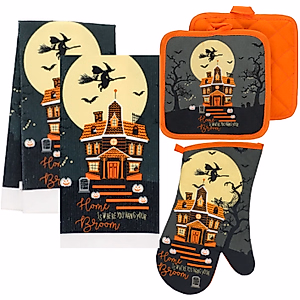 Greenbrier International Halloween 5 Piece Kitchen Linen Set Home is Where You Hang Your Broom, Orange, Black, Yellow, Printed