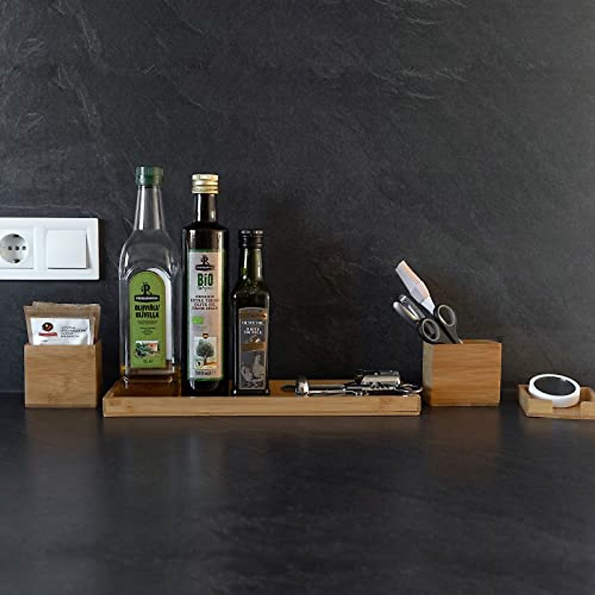 ROCDEER Bamboo Vanity Tray, 6-Piece Bathroom Countertop Vanity Tray Set, Makeup Kitchen Desk Organizer and Storage - Holds Small Items