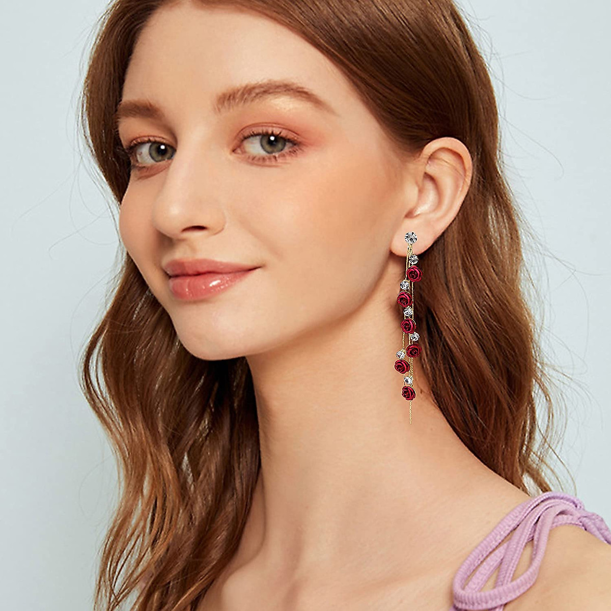 Just Follow 3D Rose Flower Crystal Long Tassel Drop Earrings for Women CZ Rhinestone Rose Fashion Purple Red Long Tassel Dangle Earrings Weddings Party Jewelry Accessories Gift (3D Rose Flower Crystal Tassel Earrings-Red)