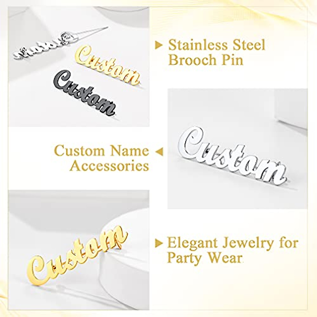 Custom4U Name Brooch Pin Personalized Stainless Steel Customized Name Tag Jewelry for Women