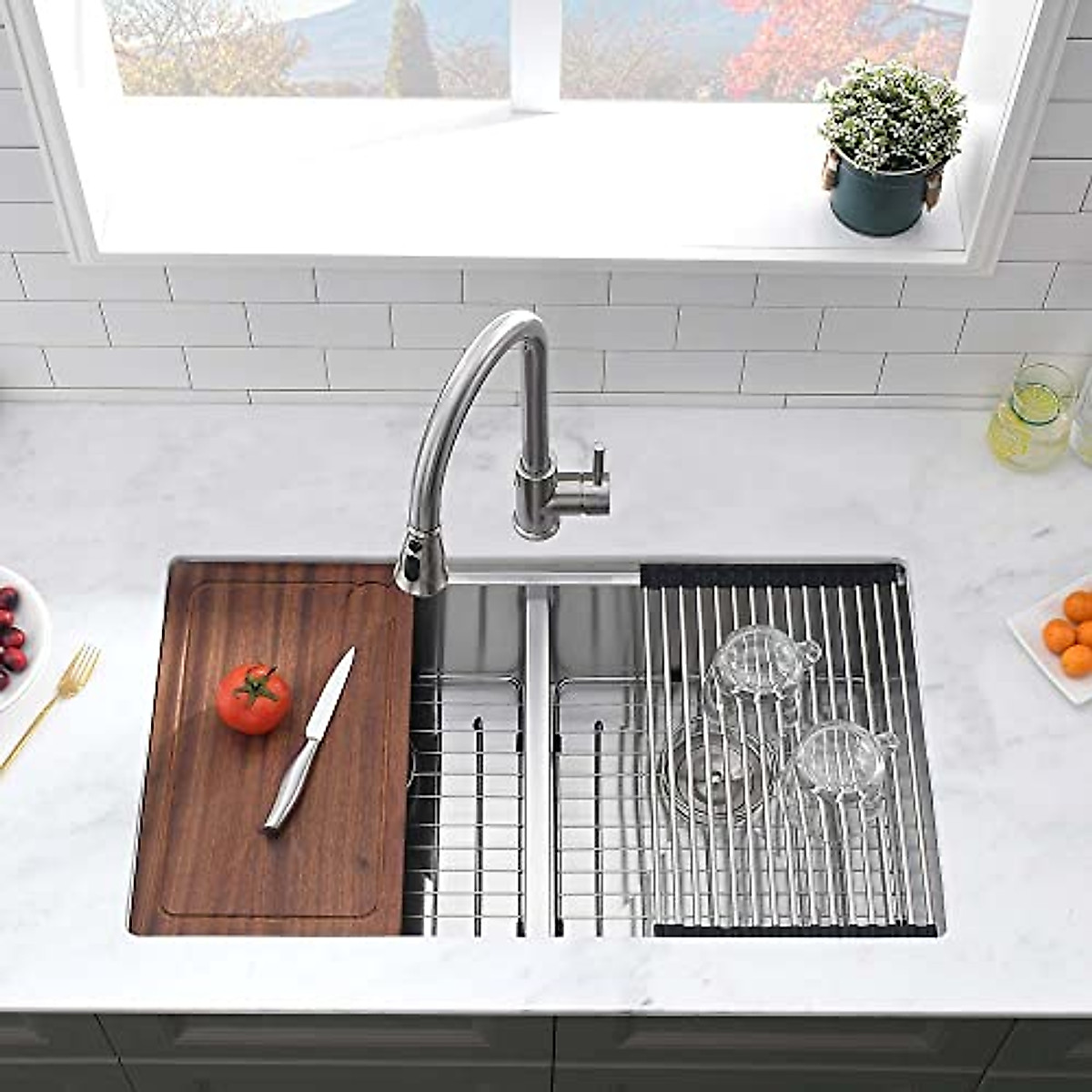 33 Inch Undermount Double Bowl Kitchen Sink Workstation- Wesliv 33x19 Stainless Steel Undermount Kitchen Sink 50/50 Low Divide Double Bowl Kitchen Sink 16 Gauge Deep Ledge Workstation Sink