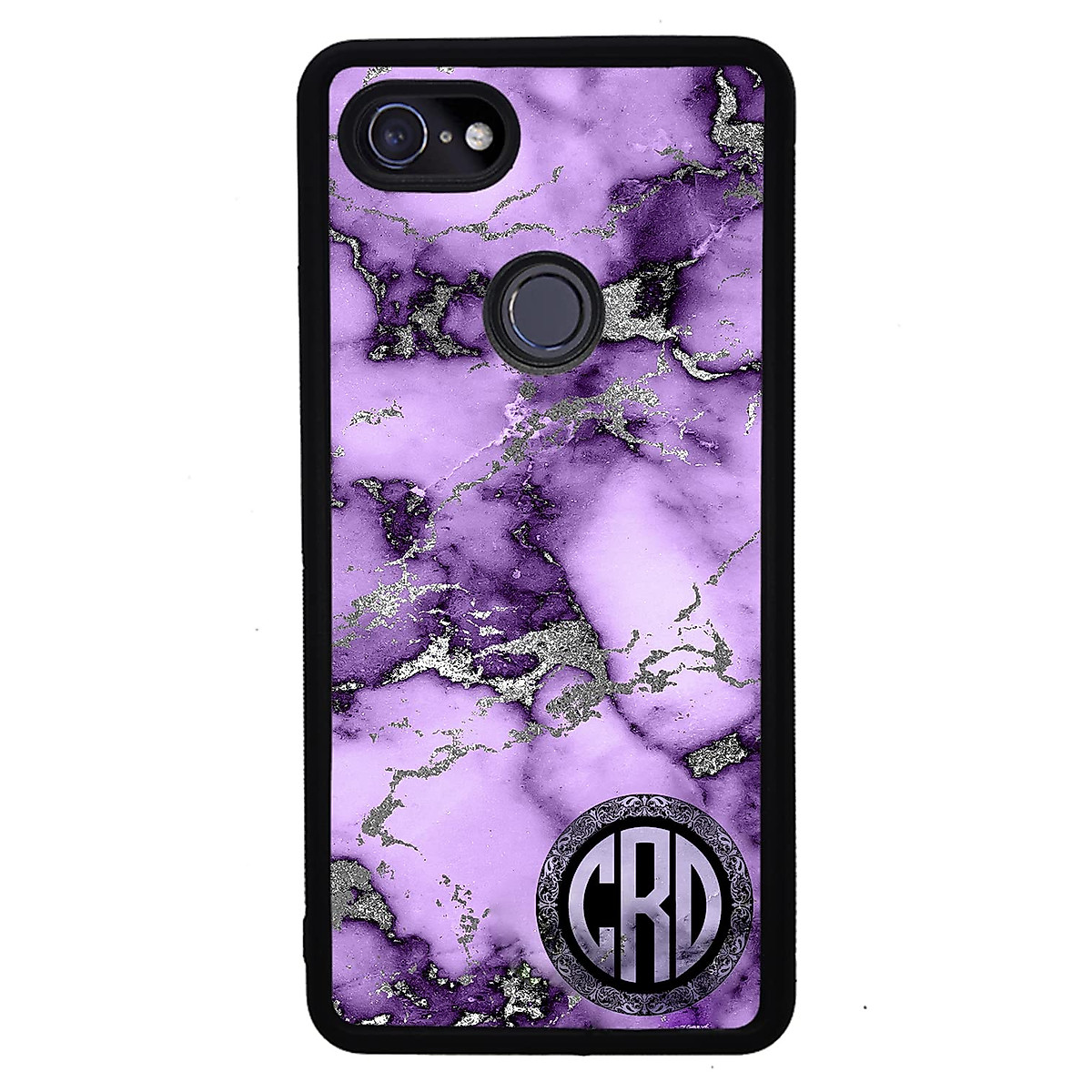 Purple and Silver Marble Monogram Black Rubber Phone Case Compatible With Google Pixel 8 Pro, 8a, 8, 7a, 7, Pixel 7 Pro, 6a, Pixel 6 Pro, 6, 5, 4a 5G, 4a 4G, 4, 4 XL, 3a, 3a XL, 3, 3 XL, 2 XL, 2