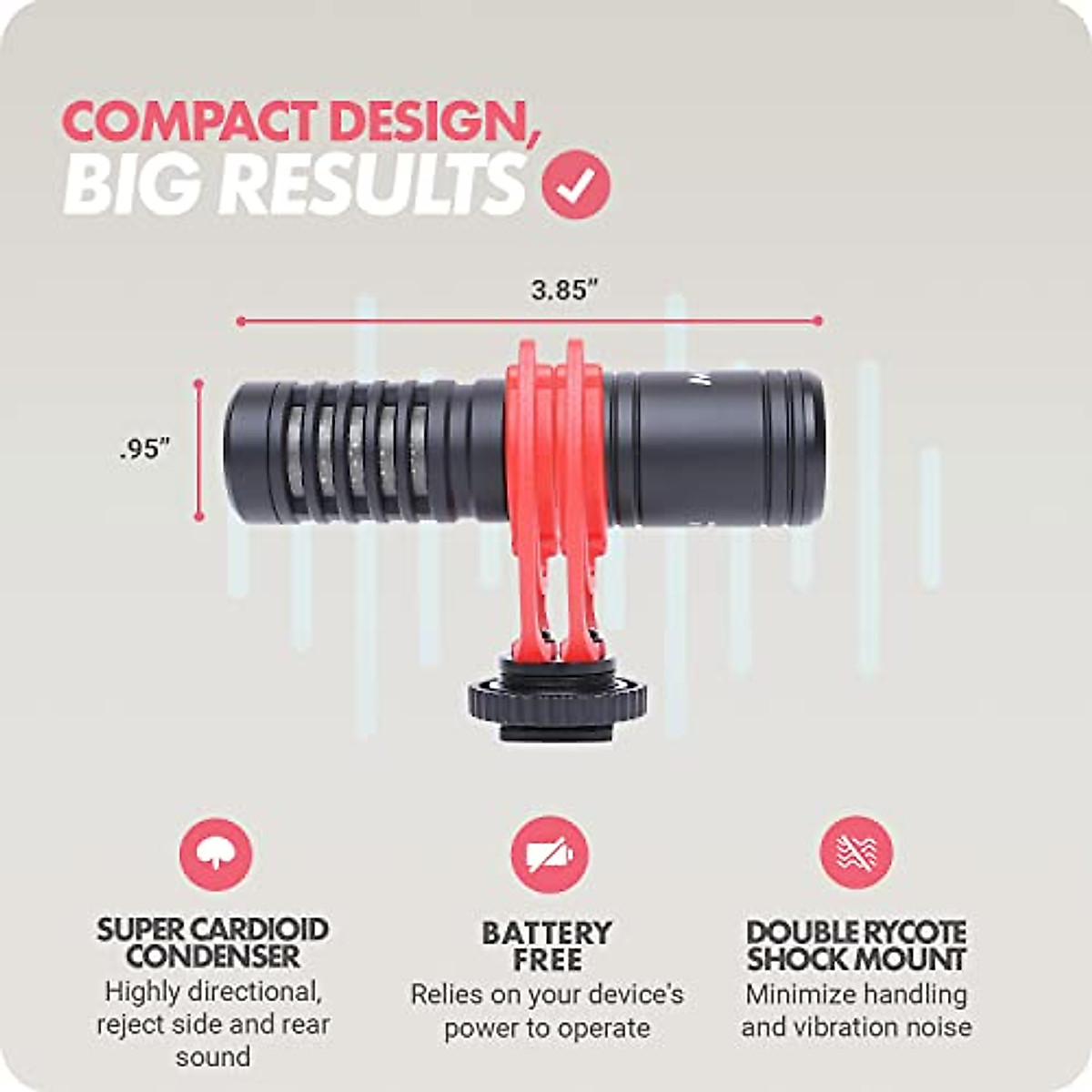 Movo VXR10-PRO External Video Microphone for Camera with Rycote Lyre Shock Mount - Compact Shotgun Mic Compatible with DSLR Cameras and iPhone, Android Smartphones - Battery-Free Camera Microphone