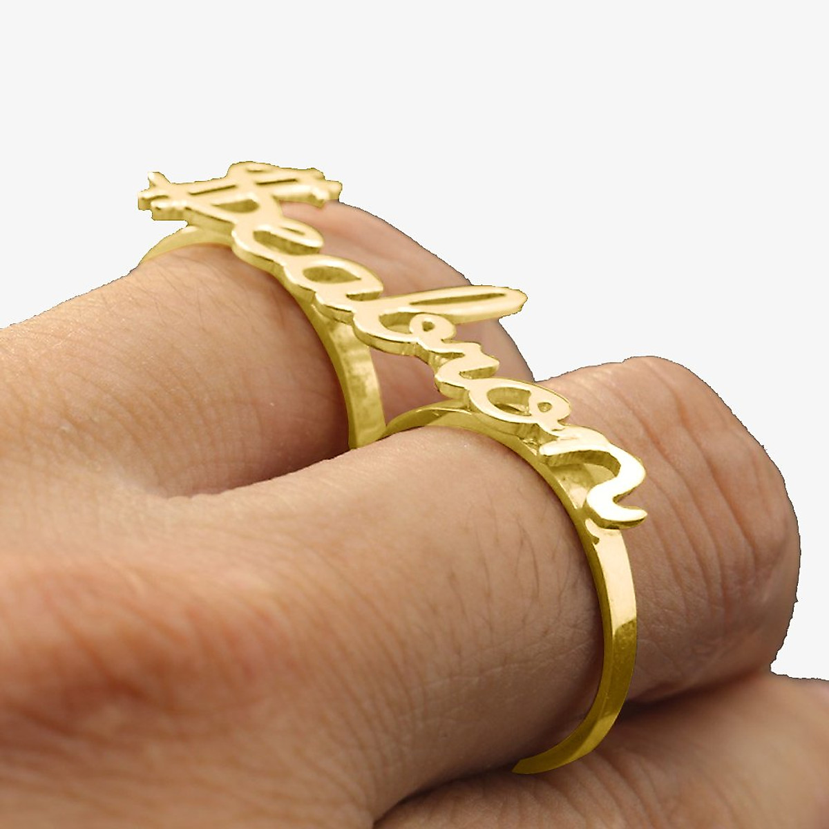 Ouslier Personalized 925 Sterling Silver Two Fingers Name Ring Custom Made with Any Names (Golden)