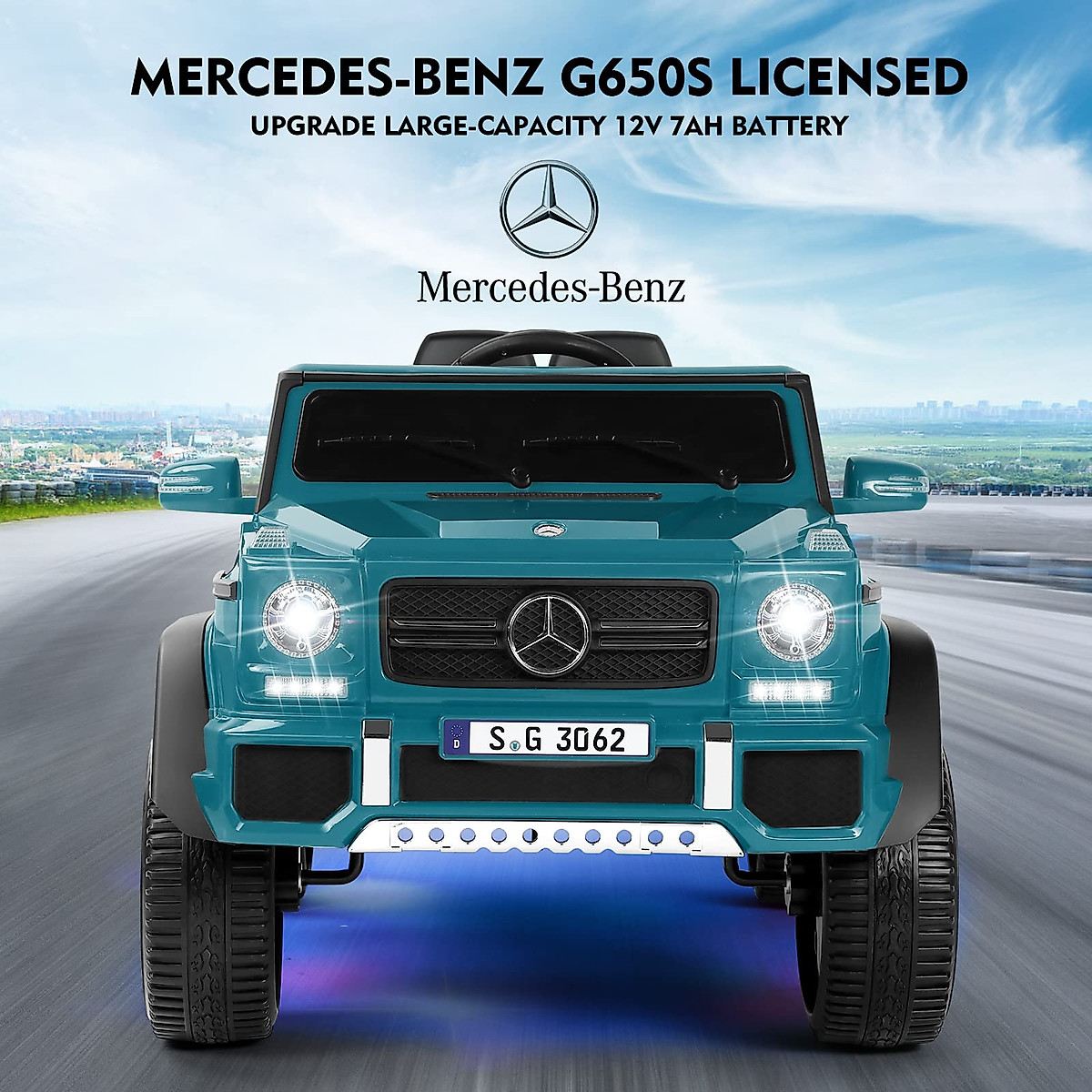 JOYLDIAS Kids Ride On Cars, Licensed Mercedes-Benz Maybach G650S, 12V7A Battery Powered Toy Electric Car for Kids w/2.4G Remote Control, 2 Motors, 3 Speeds, Music, Horn, LED Lights, Peacock Blue