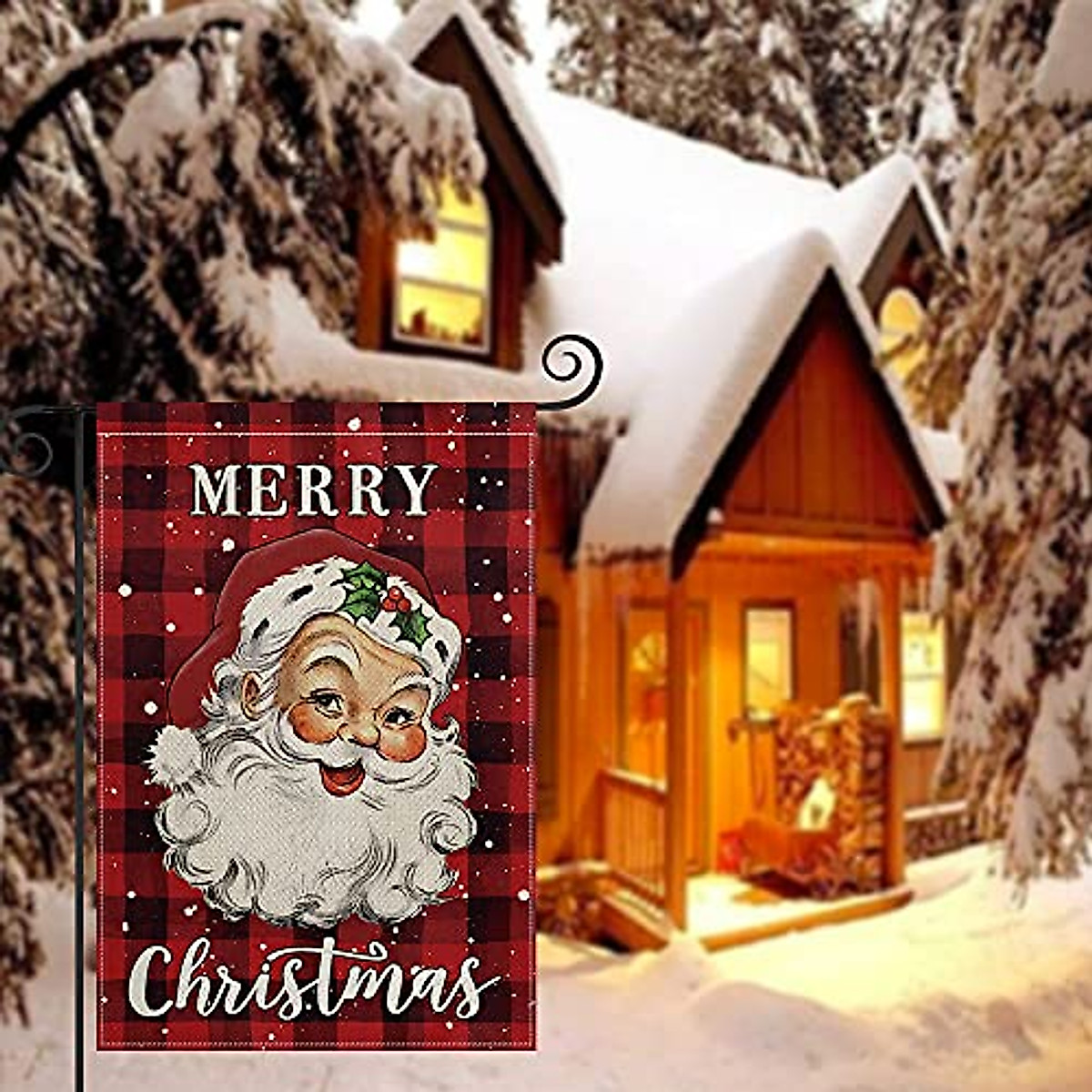AVOIN Merry Christmas Watercolor Buffalo Check Plaid Santa Claus Garden Flag Vertical Double Sided, Winter Holiday Yard Outdoor Decoration 12.5 x 18 Inch