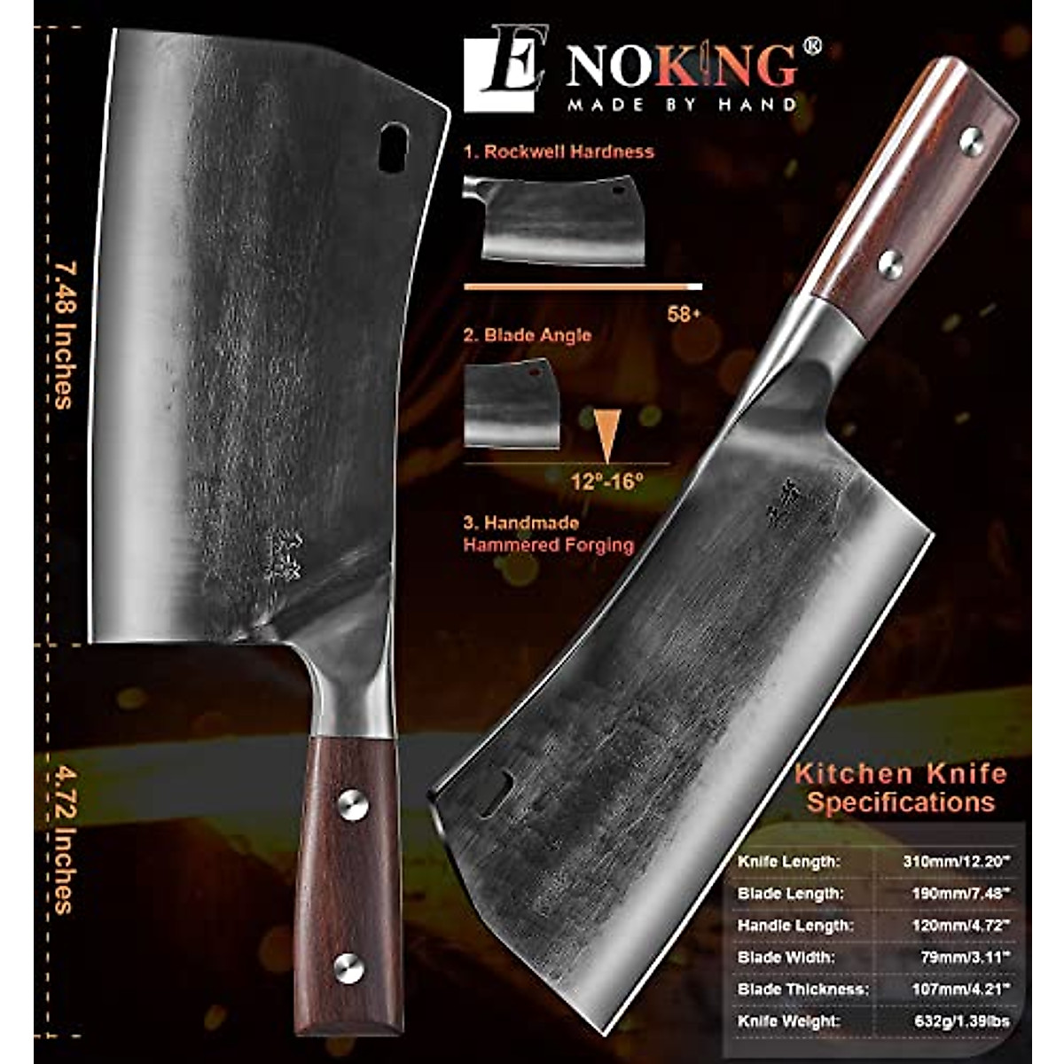 ENOKING Cleaver Knife, 7.5 Inch Hand Forged Meat Cleaver Heavy Duty Bone Chopper German High Carbon Stainless Steel Butcher Knife with Full Tang Handle for Home Kitchen and Restaurant, Ultra Sharp