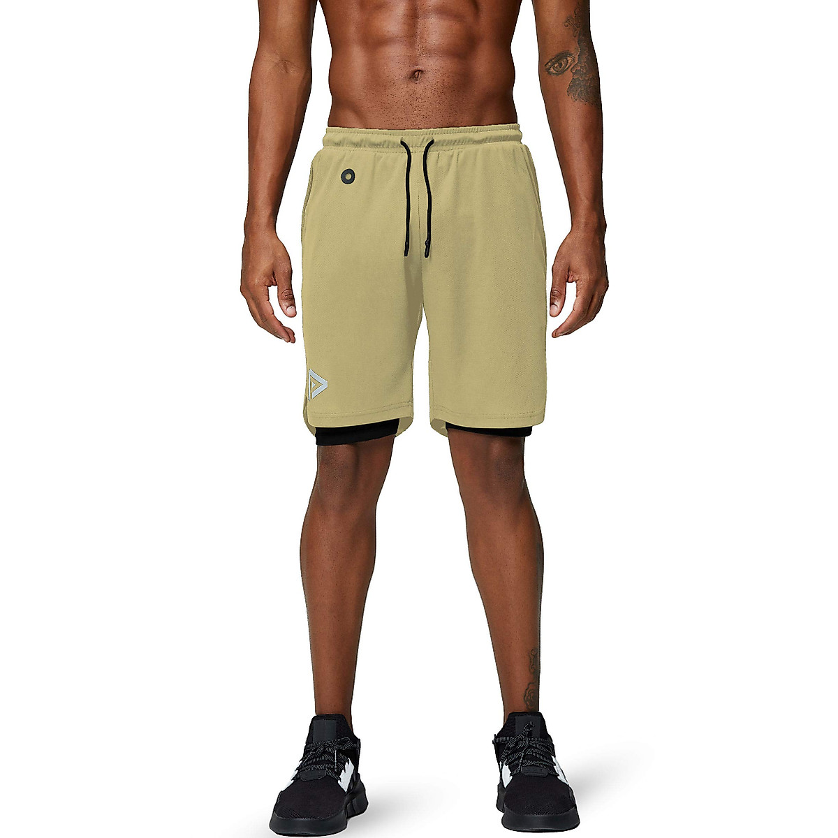 Pinkbomb Men's 2 in 1 Running Shorts Gym Workout Quick Dry Mens Shorts with Phone Pocket (Khaki, Medium