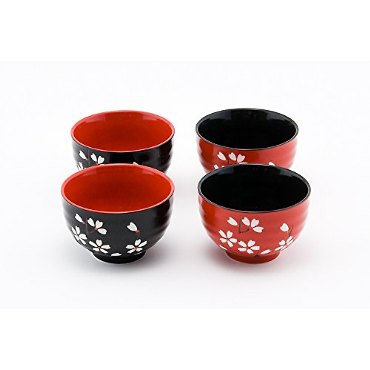 Hinomaru Collection Japanese Traditional Ceramic Rice Bowl Set of 4 Red and Black Cherry Blossom Sakura Decorative Gift Pack Multi Purpose Attractive Design