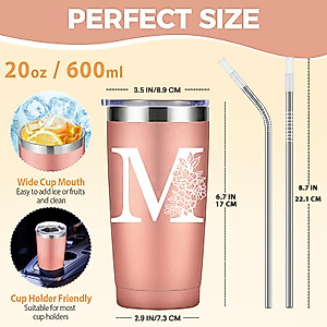 Leraverppy Personalized 20oz with Initial Stainless Steel Coffee，Leak Proof Rose Gold Tumbler with Lid And Straw Double Wall Thermal Cups for Hot and Cold Drinks Monogrammed Gifts for Women（C20-M）