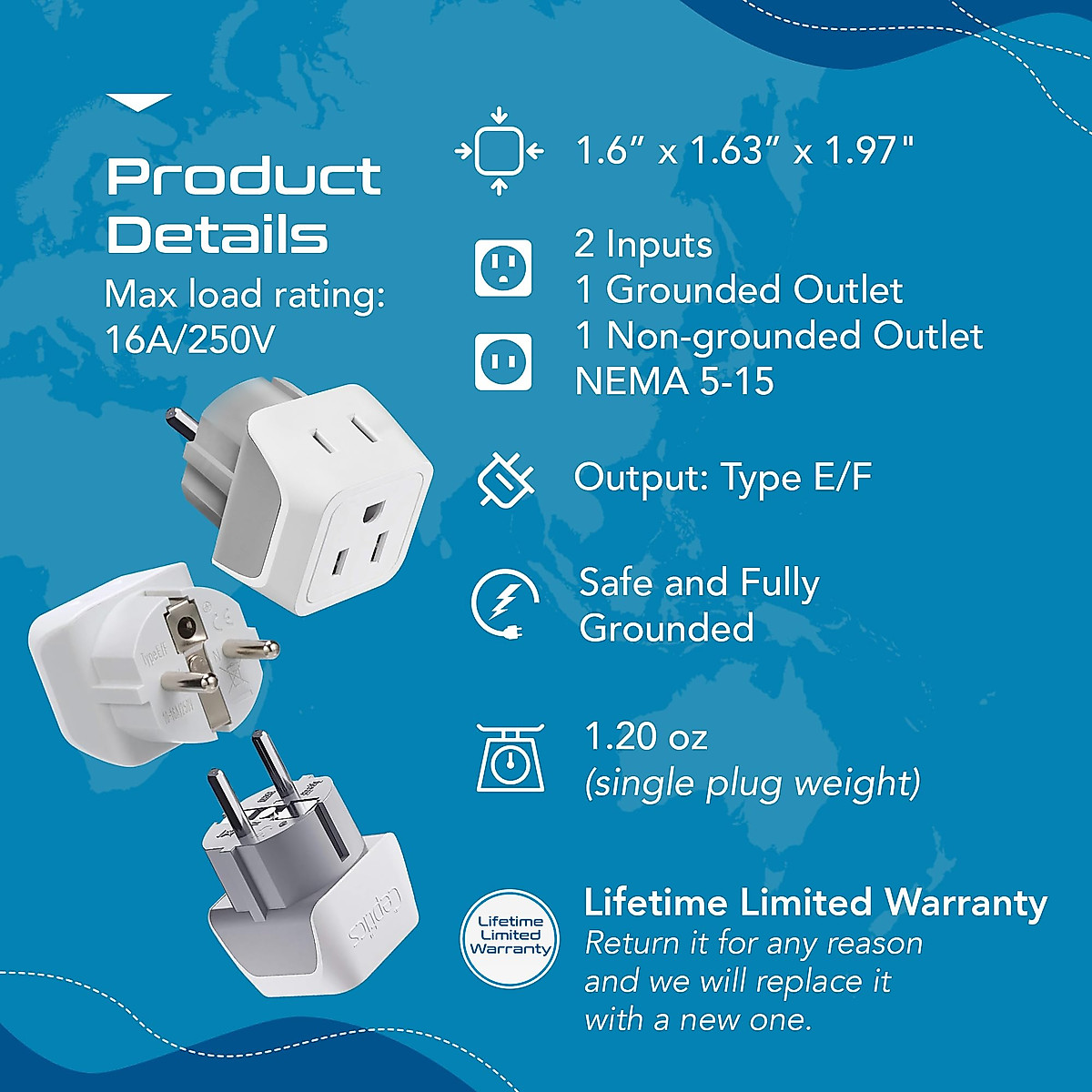 Ceptics Schuko Germany, France Plug Adapter, Dual Input - Ultra Compact Light Weight - Usa to Russia, South Korea Travel Adaptor Plug - Type E/F (3 Pack)