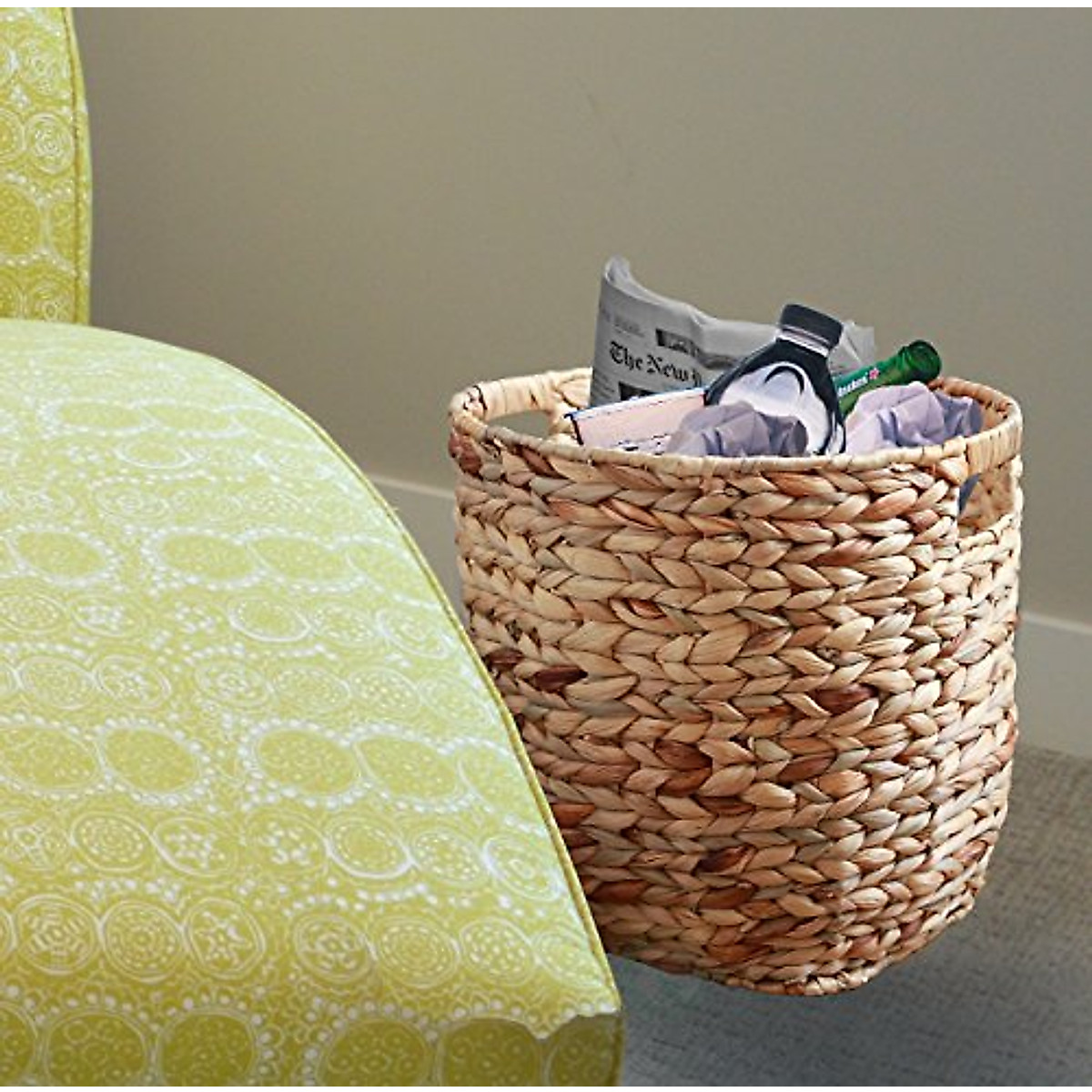 Vintiquewise Water Hyacinth Large Round Wicker Wastebasket with Cutout Handles