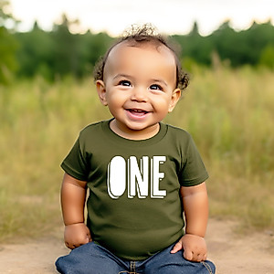 First Birthday Shirt One Outline for 1st Bday Infant Boys and Girls White on Military Green 12 Months