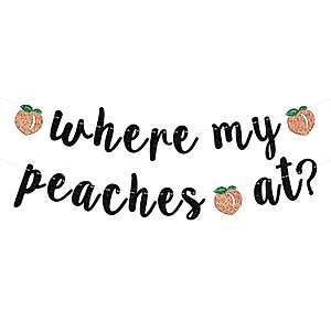 Where My Peaches at Banner, Bride to Be Bachelorette Party Decorations, Funny Peach Garland for Summer Fruit Peach Bridal Shower Engagement Wedding Party Sign Decoration Supplies, Black Glitter