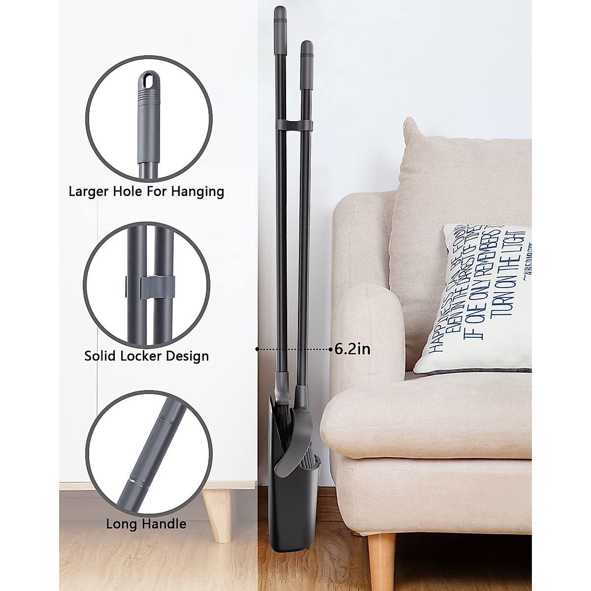 Upgrade Broom and Dustpan Set for Home, 52'' Long Handle, Standing Dustpan and Broom for Kitchen Office Lobby Floor