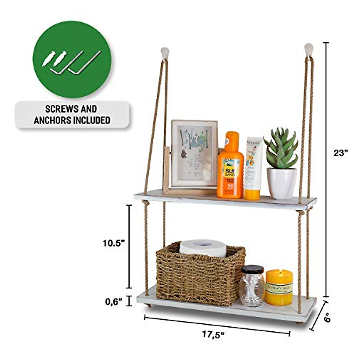 ASLINY Rustic Floating Corner Shelves Wall Mounted, 2 Tier Wood Storage Shelf Handmade (Distressed White)