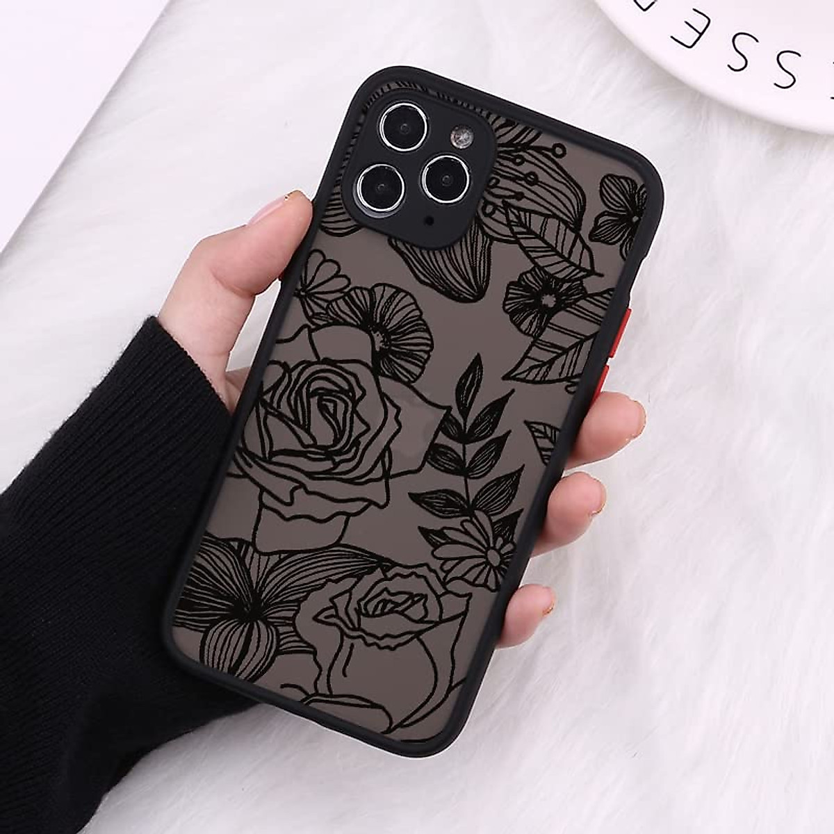 SUBESKING Compatible with iPhone 12 Flower Case for Women Girls, Cute Black Blooming Floral 3D Pattern Design Translucent Matte PC Back Soft TPU Bumper Protective Clear Cover 6.1 Inch