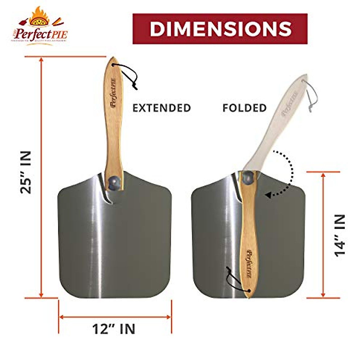 THE PERFECT PIE Premium Pizza Peel 12" x 14" Aluminum Pizza Paddle with Foldable Handle for Storage and 14” Rocker Cutter with Protective Cover. Gourmet Spatula and Cutter Set for Homemade Pizza.