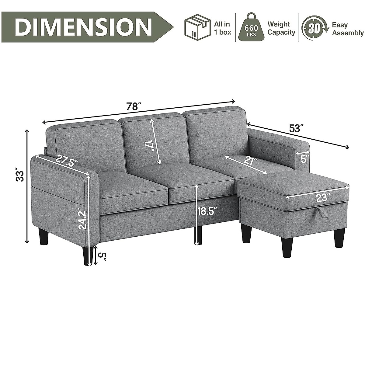 BearDen Creations Convertible Sectional Couches for Living Room, L Shaped Couch 3 Seater Sofas with Storage Ottoman,Small Sofa for Apartment,Compact Spaces,Small Space,Grey