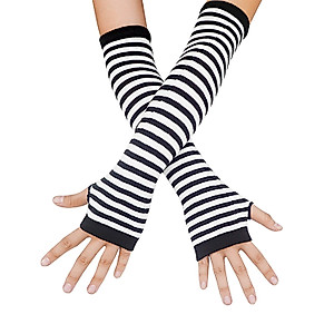 Bienvenu Women Stretch Striped Socks Knee High Stockings Long Arm Warmer Fingerless Mitten Gloves,White
