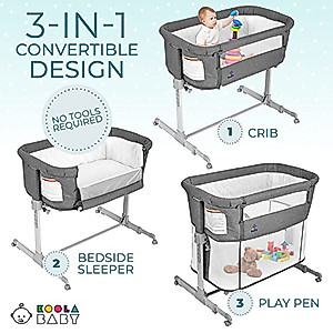 3 in 1 Baby Bassinet, Bedside Sleeper, & Playpen, Easy Folding Portable Crib (Grey)- KoolaBaby