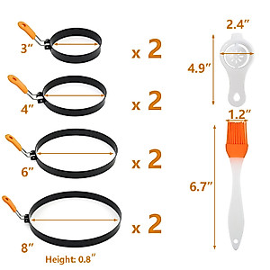 8 Pcs Egg Pancake Rings Set for Griddle, 8" Omelette Ring, 6" Pancake Molds, 4" Fried Egg Rings, 3" Egg Ring for Frying Egg, Non-stick Stainless Steel Egg Pancake Mold with Silicone Handle