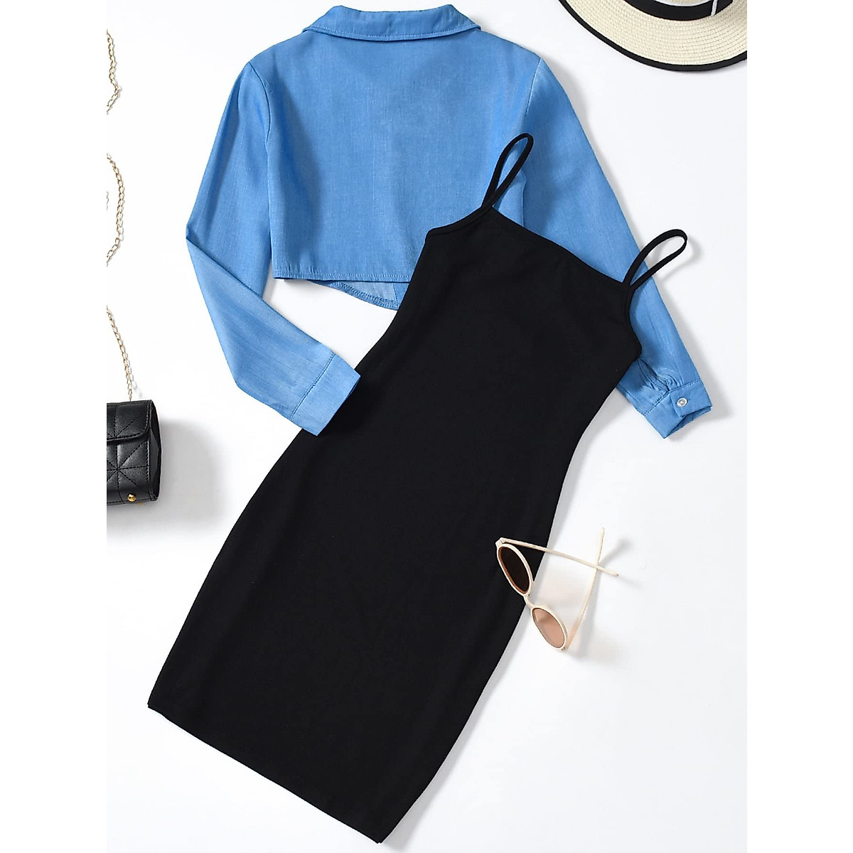 OYOANGLE Girl's 2 Piece Outfit Butterfly Patched Cami Dress with Long Sleeve Button Down Crop Shirt Set Blue and Black 11-12Y