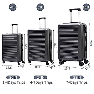 TydeCkare Luggage Sets 3 Piece (20/24/28) ABS+PC Suitcase Hardshell Lightweight Carry Ons with TSA Lock & Spinner Silent Wheels, Convenient for Trips, Gray