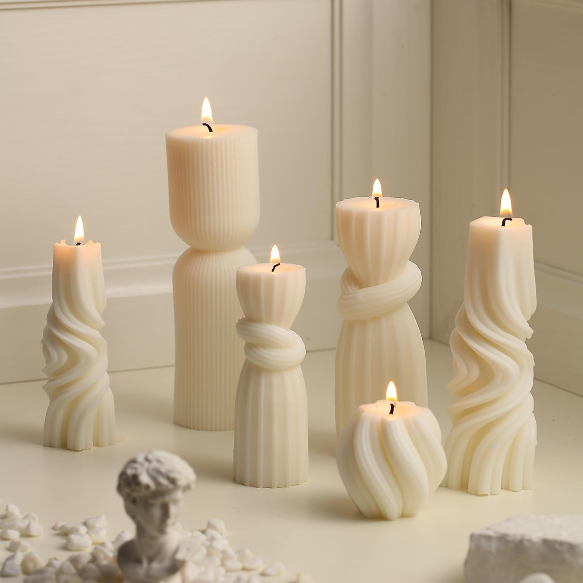 Threlaco 6 Pcs Small Pillar Candles Aesthetic Candle Modern Ribbed Candles Set Cute Soy Wax Scented Ribbed Candle Twirl Geometric Decorative Candles for Home Decor for Living Room Bathroom(White)
