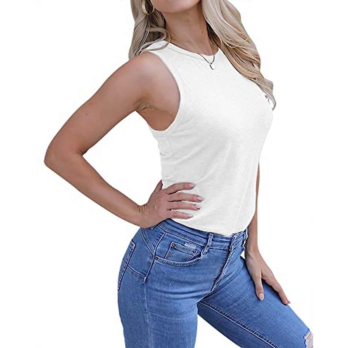 Langwyqu Womens Crewneck Sleeveless Tank Tops Summer Casual Loose Fit Basic Shirts White