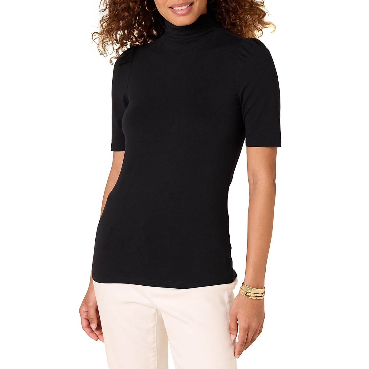 Amazon Essentials Women's Cotton Modal Draped Puff Sleeve Turtleneck, Black, Large
