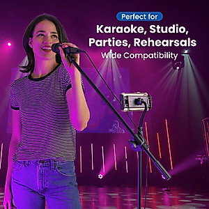 QAISE Mic Stand with 5ft Tablet and Phone Holder – Adjustable Gooseneck Microphone Stand - Mic Stand Boom Tablet Holder for Karaoke, Studio, Parties, Rehearsals