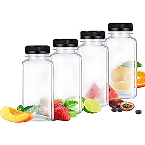 4 Pcs Plastic Juice Bottle, Reusable Drink Containers, For Juice, Milk, Smoothie And Other Drinks, With Black Lid, 8 OZ.
