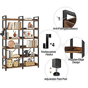 Seventable Bookshelf 6 Tier with 4 Hooks, 69” Industrial Wooden Bookcase, Vintage Storage Rack with Open Shelves, Rustic Standing Bookshelves Metal Frame 47.3” Wide Display Rack, Rustic Brown