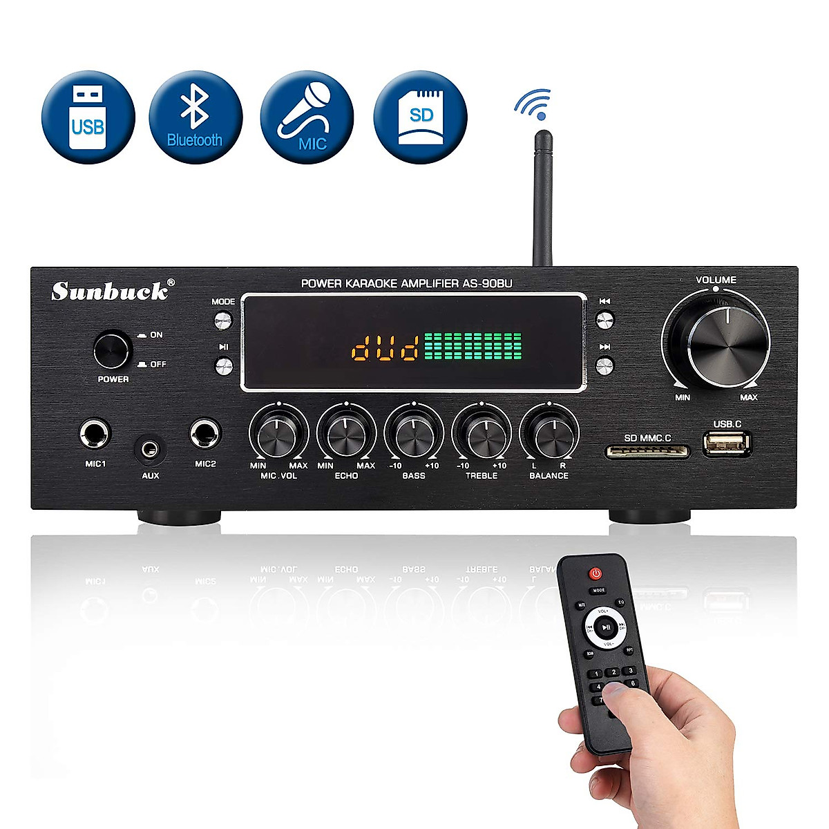 Wireless Bluetooth Home Audio Amplifier – 400W Dual Channel Home Theater Sound Compact Stereo Receiver System w/FM Radio, USB/SD, AUX, RCA, Mic in, Remote Control for Sweet Sound. (Sunbuck AS-90BU)