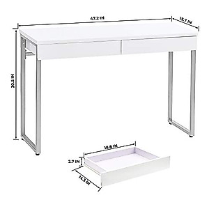 GreenForest Vanity Desk with 2 Drawers Glossy White 47 inch Modern Home Office Computer Writing Desk Makeup Dressing Table with Metal Silver Legs for Bedroom,Without Mirror