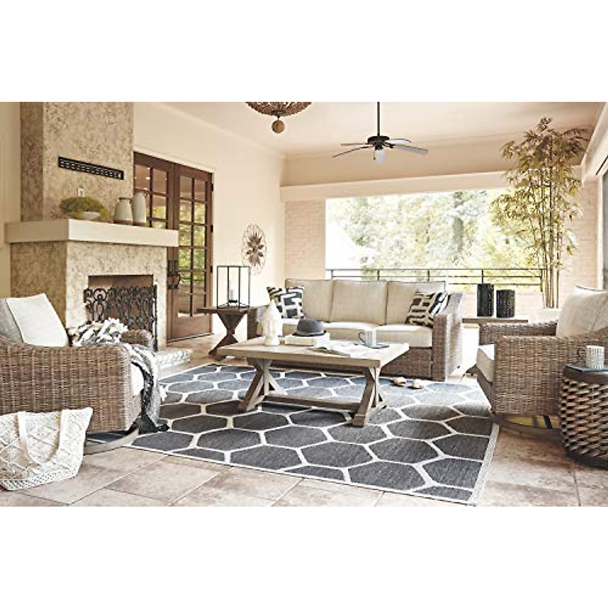 Signature Design by Ashley Beachcroft Outdoor Wicker Patio Sofa with Cushion and 2 Pillows, Beige, Light Gray