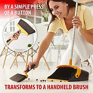 Broom and Dustpan Set with Long Handle - Kitchen Brooms and Stand Up Dust Pan Magic Combo Set for Home - Lobby Broom with Rotation Head and Standing Dustpan for Floor Cleaning