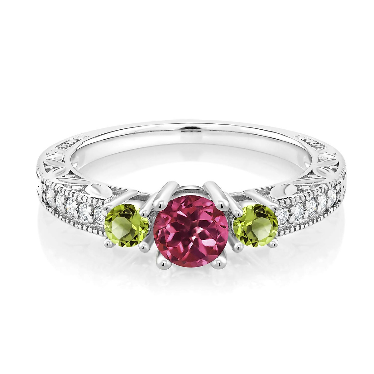 Gem Stone King 925 Sterling Silver Pink Tourmaline and Green Peridot Engagement Ring For Women (0.89 Cttw, Gemstone Birthstone, Available In Size 5, 6, 7, 8, 9)