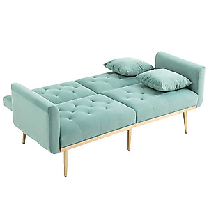 Convertible Futon Sofa Bed, 65 Inch Modern Velvet Tufted Upholstered Accent Loveseat Sofa with 2 Pillows and Adjustable Backrest Folding Sleeper Sofa Bed with Metal Legs for Living Room, Mint Green