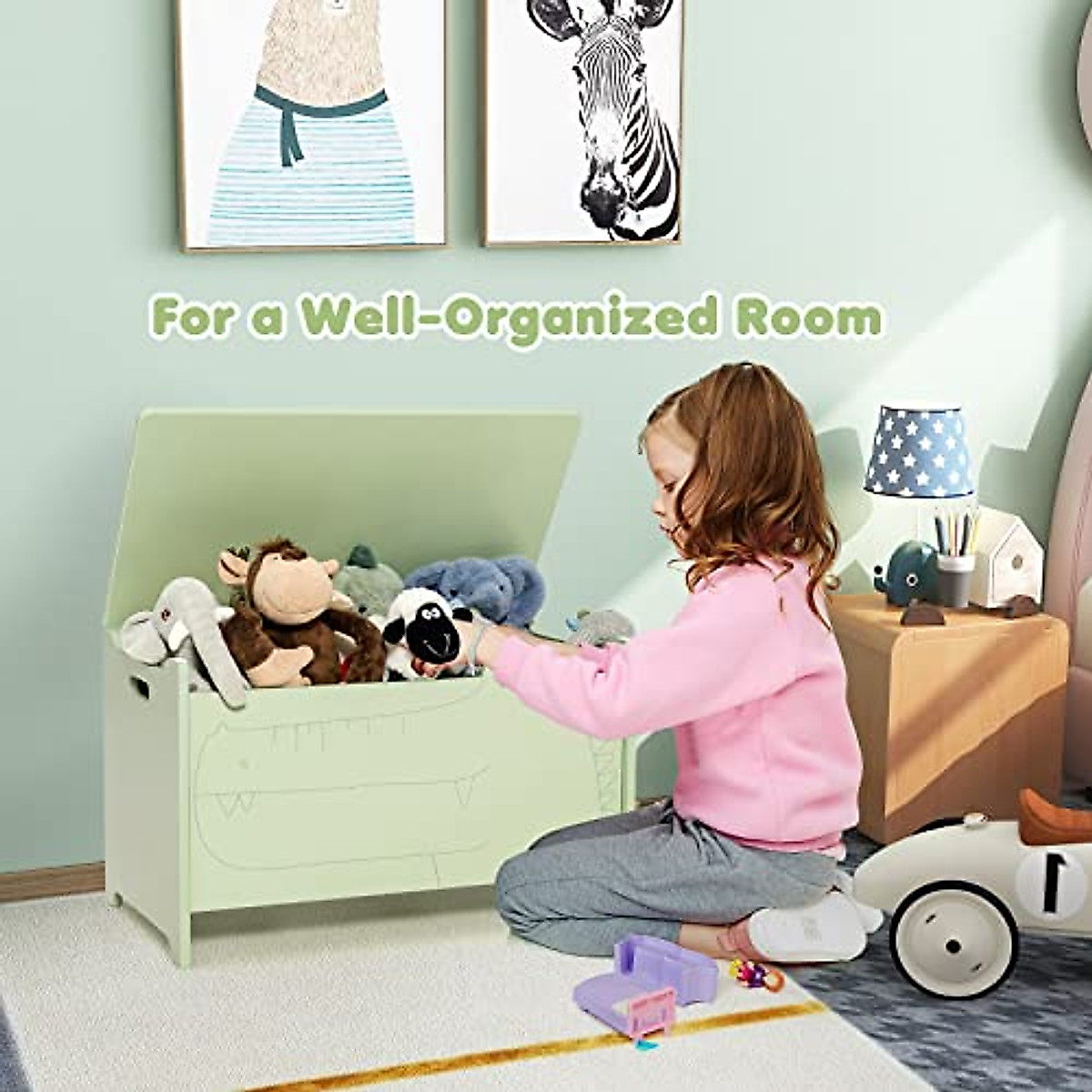 Costzon Wooden Toy Box, Kids Large Trunk Chest w/Safety Hinge & Handles, Flip-Top Storage Organizer for Children’s Playroom Bedroom Living Room Entryway (Green)