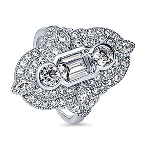 BERRICLE Sterling Silver Art Deco Cubic Zirconia CZ Statement Milgrain Cocktail Fashion Ring for Women, Rhodium Plated Size 5