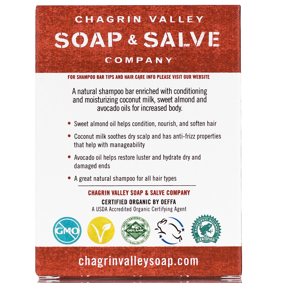 "Chagrin Valley Soap & Salve Shampoo Bar, Coconut, Unscented, Organic, Vegan, Curly & All Hair Types, 5.6 oz (159 g), Recyclable Packaging, SLS Free, Paraben & Cruelty Free"
