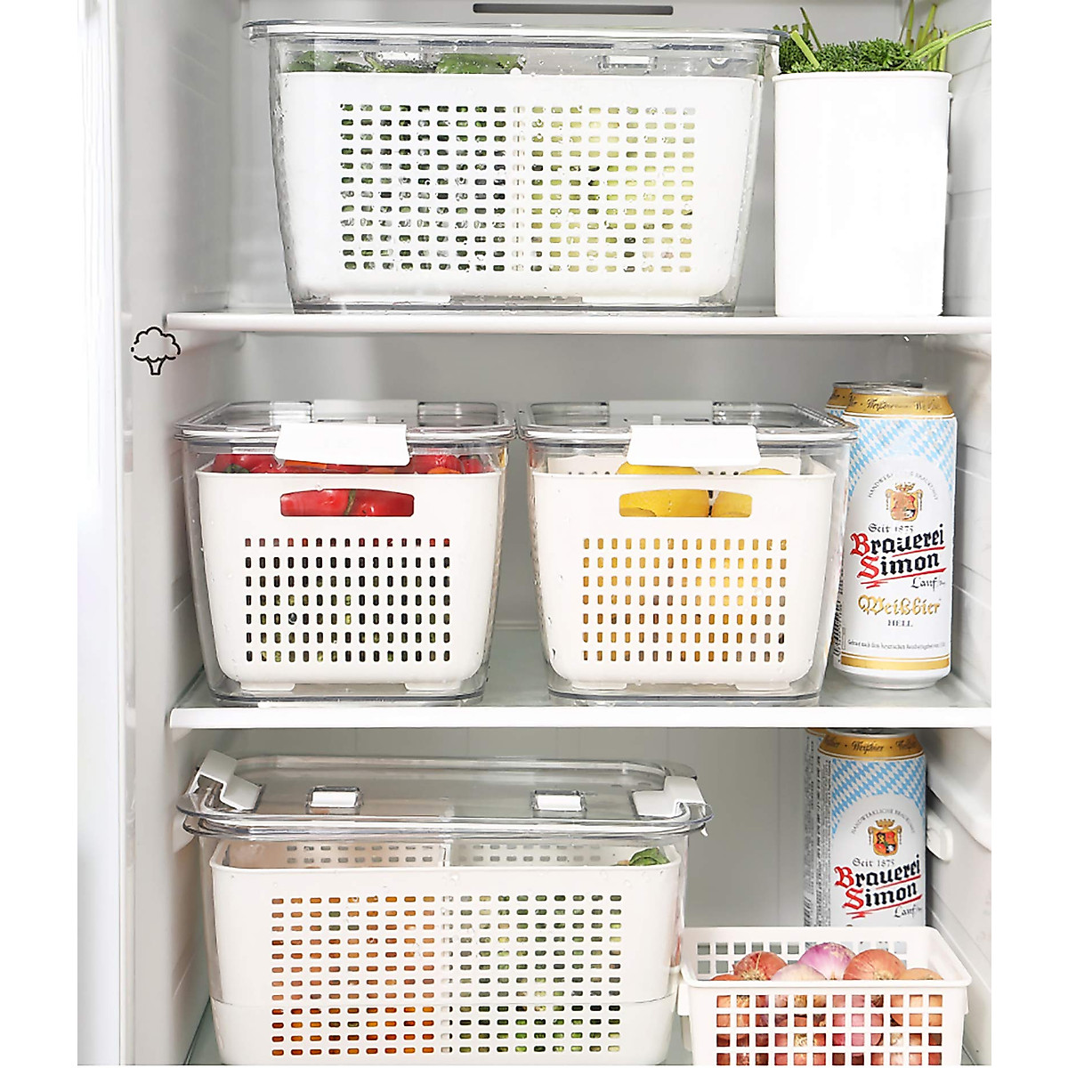 Cedilis 3 Pack Plastic Produce Saver Container, Vegetable Storage Containers for Refrigerator, Fruit Storage Organizer Bins with Divider, Fridge Container Box, White（Not Dishwasher Safe