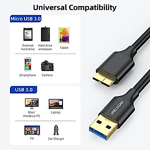 USB 3.0 to Micro B Cable 1 Feet, USB Type A to Micro B Cord Male to Male with Gold-Plated Connector Compatible with Hard Drive, Samsung Galaxy S5, Note 3, Camera and More