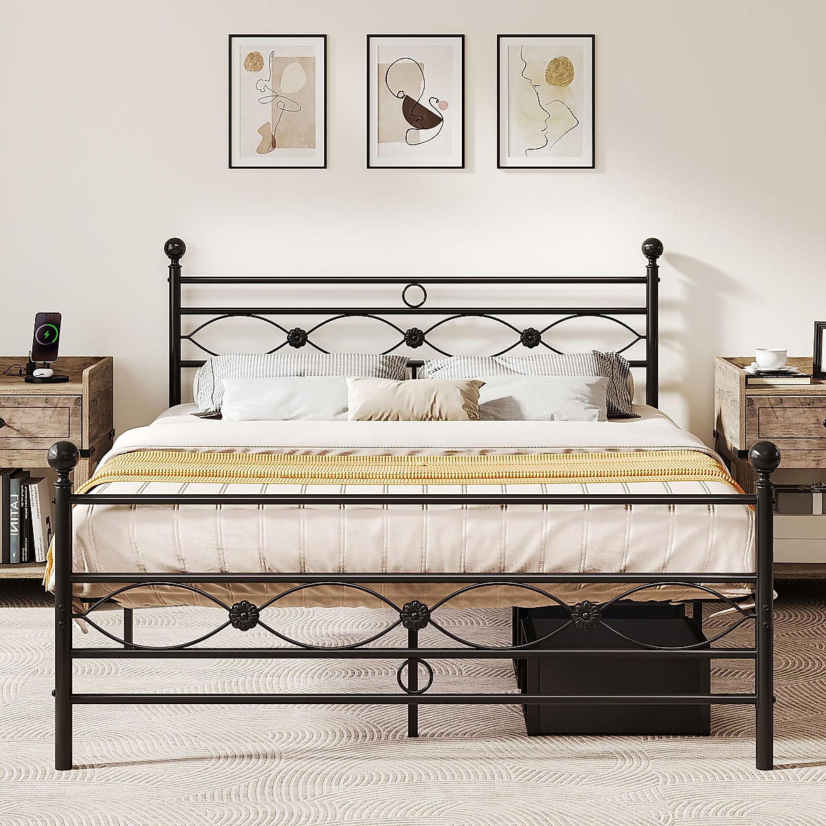 DWVO Queen Size Metal Platform Bed Frame with Headboard and Footboard, 14"H Black Queen Bed Frame with Steel Slat Support, Bedroom Mattress Foundation, No Box Spring Needed, Load Bearing up to 700lbs